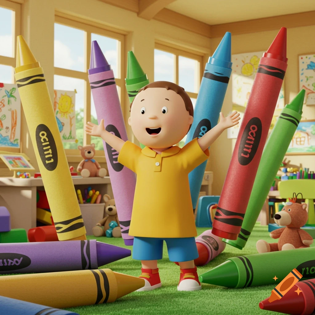 A cartoon boy resembling Caillou in a yellow shirt and blue shorts ...