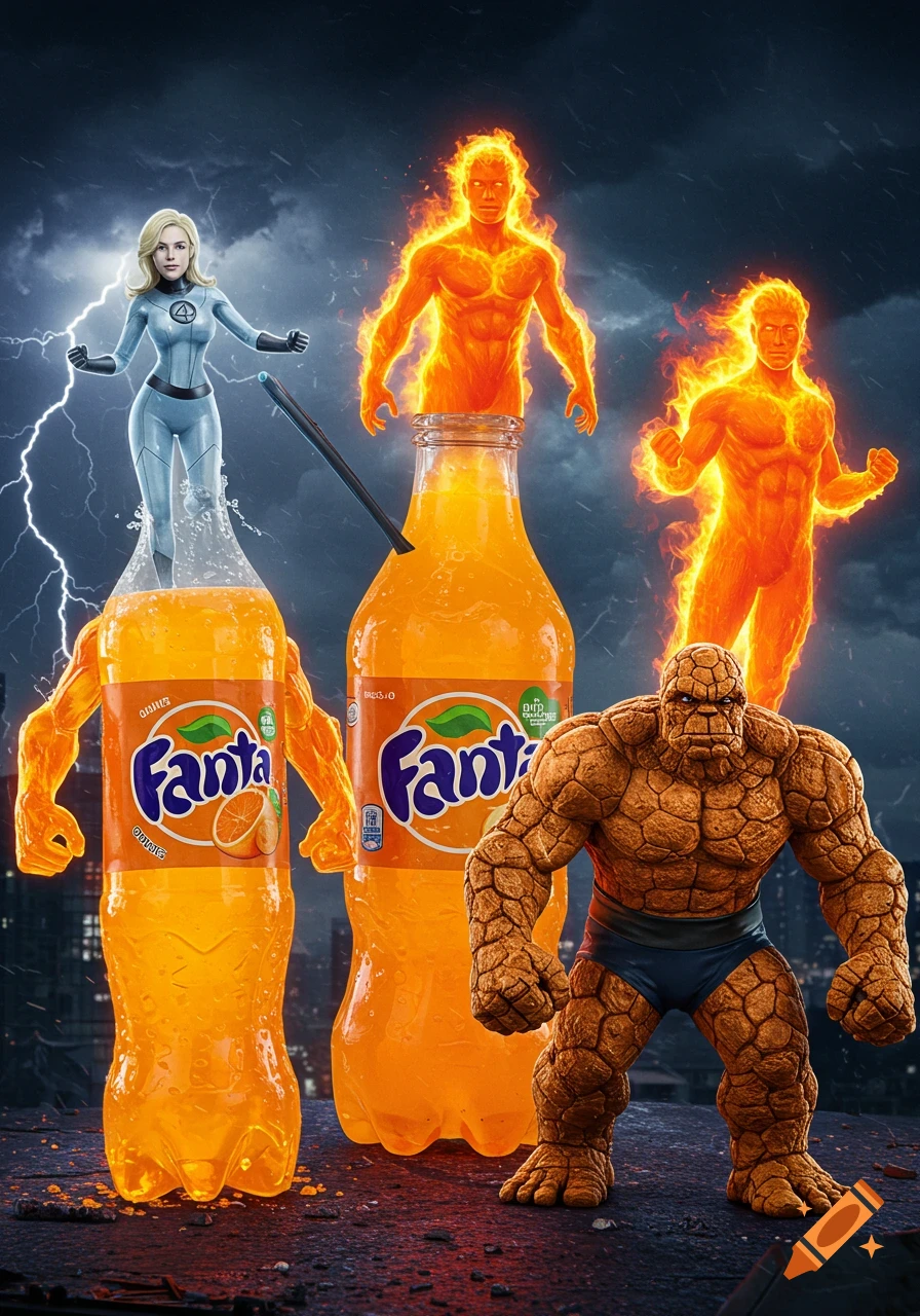 The Fantastic Four characters integrated with Fanta soda bottles ...