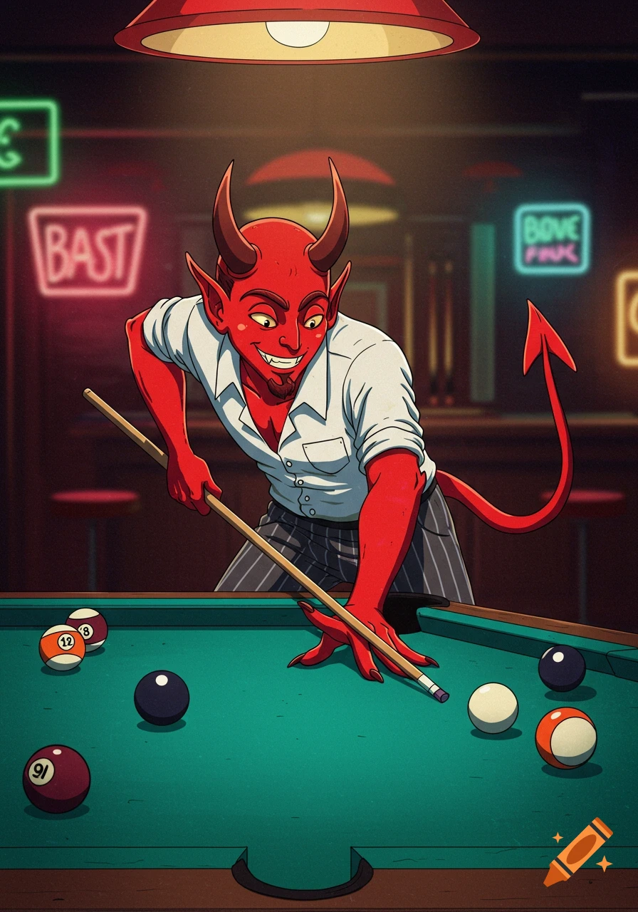 A red cartoon devil with horns and a tail grins while leaning over a ...