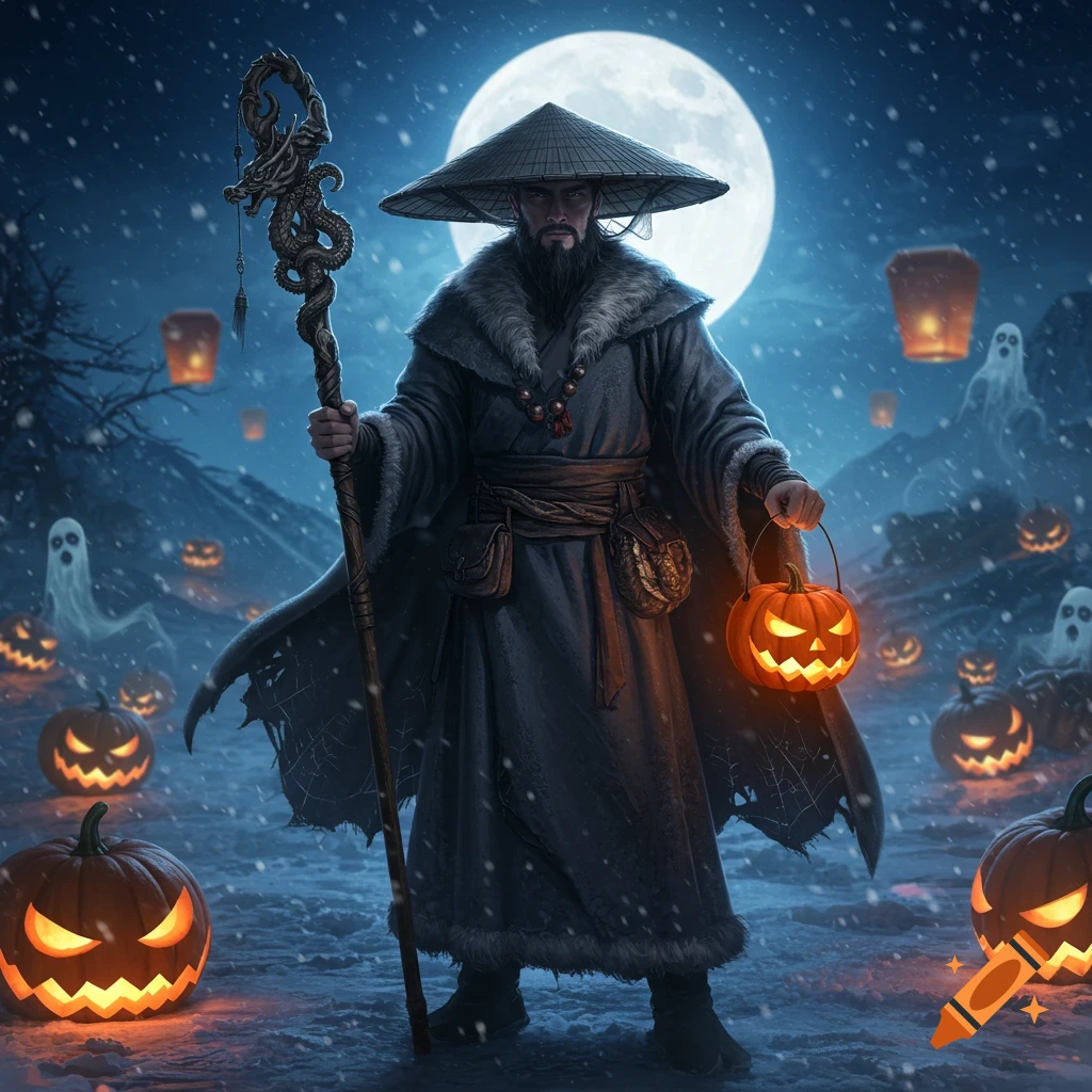 A determined Santa Claus with a white beard, wearing red samurai armor ...