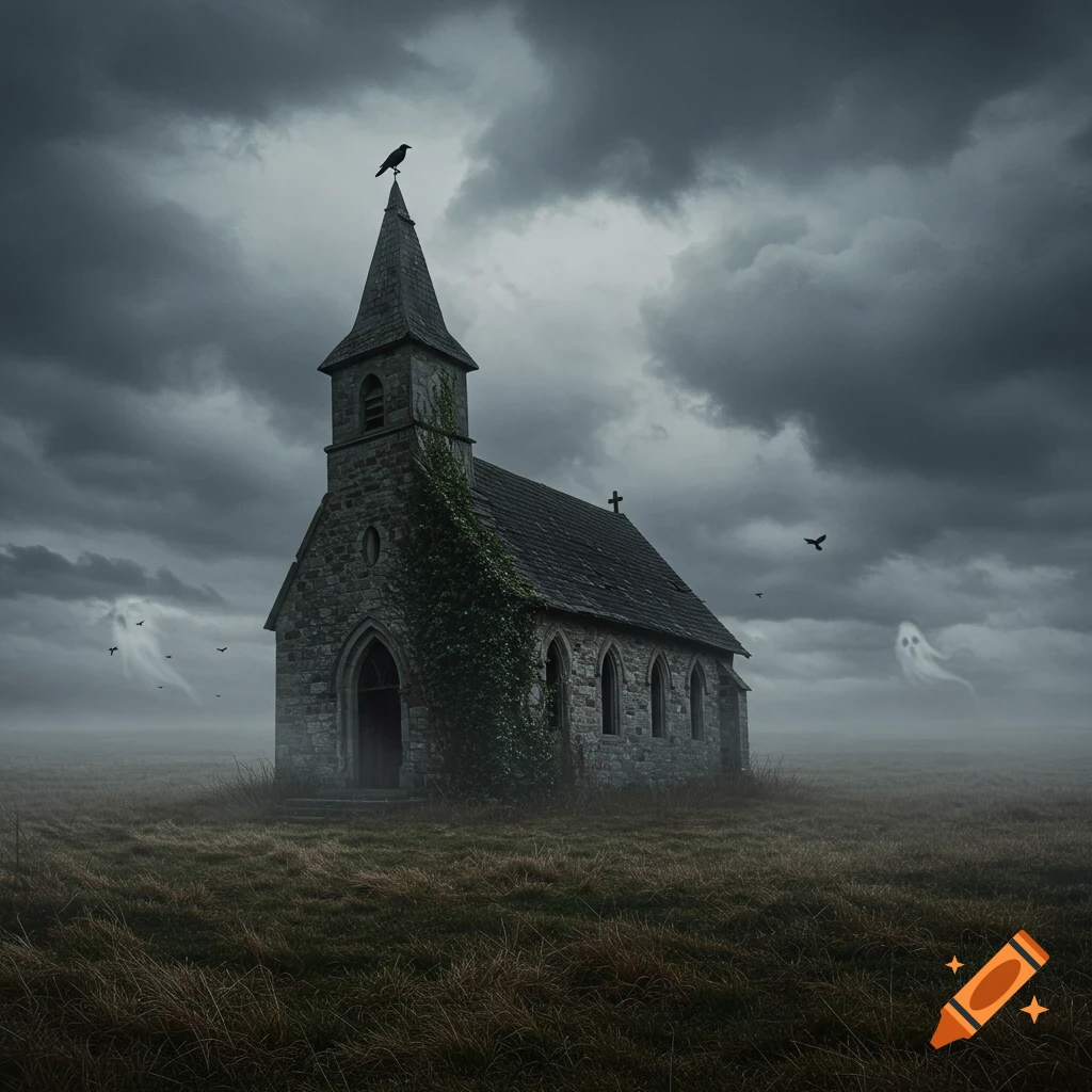 An old stone church with a steeple and ivy stands in a desolate field ...