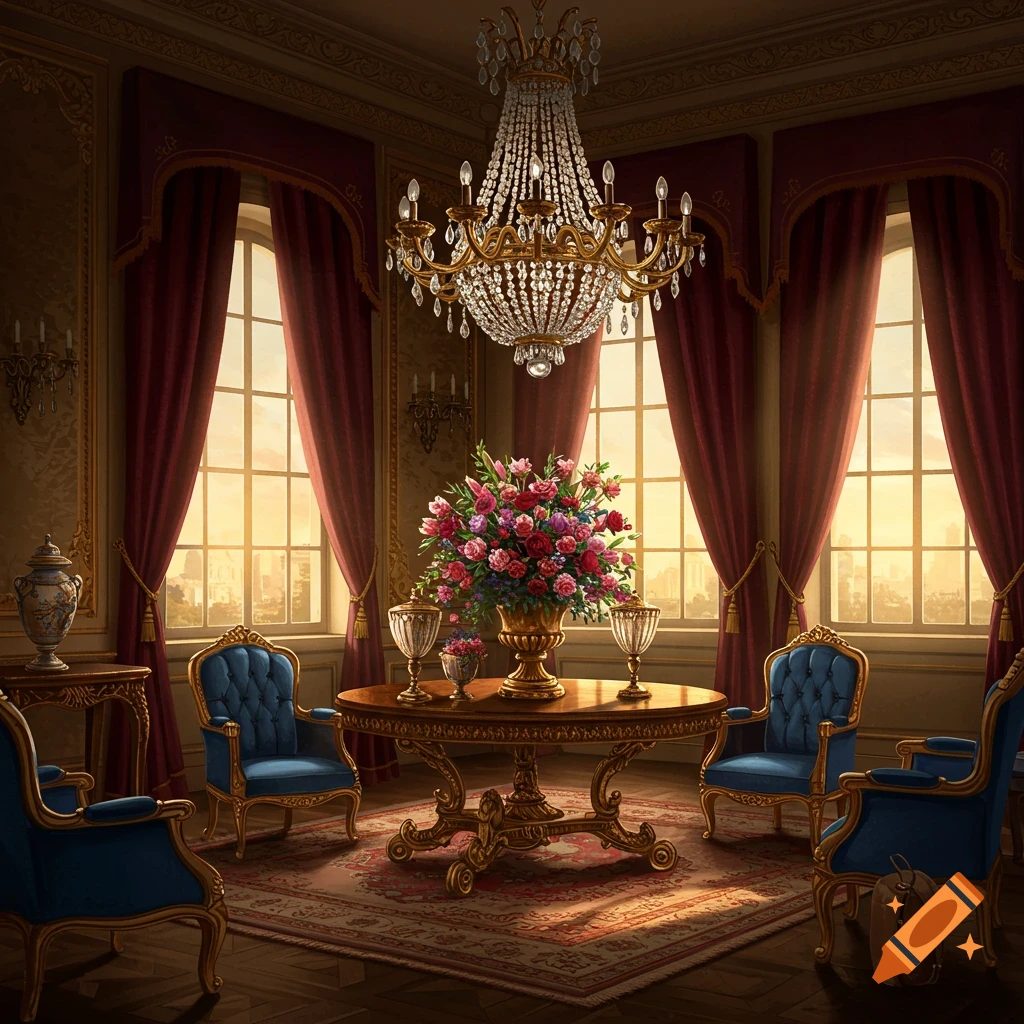 A long red and gold damask pattern carpet runner unrolls down a grand hallway with wood paneling ...