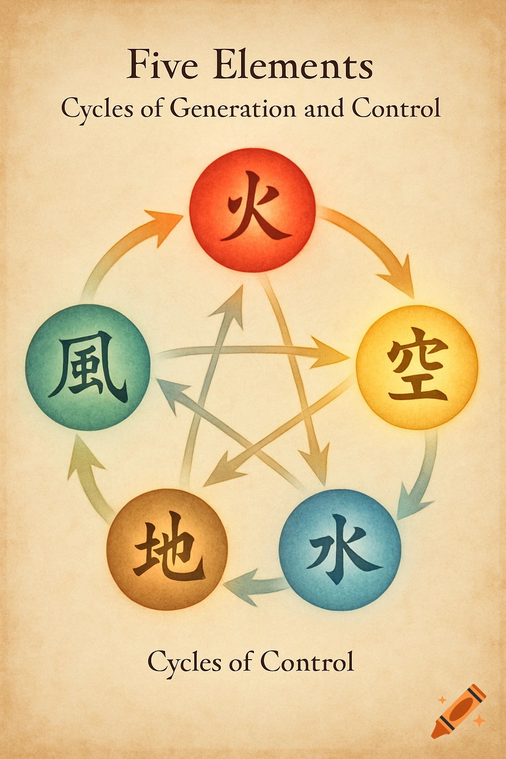 A diagram of the Five Elements (Fire, Wood, Metal, Water, Earth ...