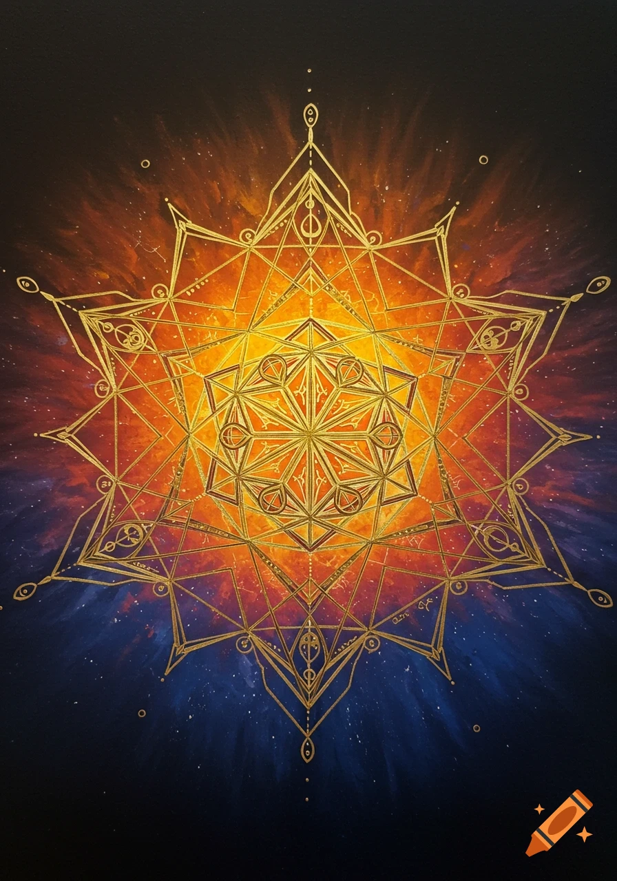 Golden sacred geometry mandala with intricate patterns against a cosmic ...