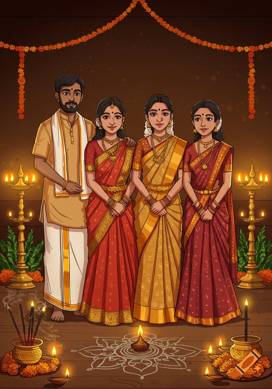 Hand-drawn illustration of a traditional Tamil family, a man and three ...
