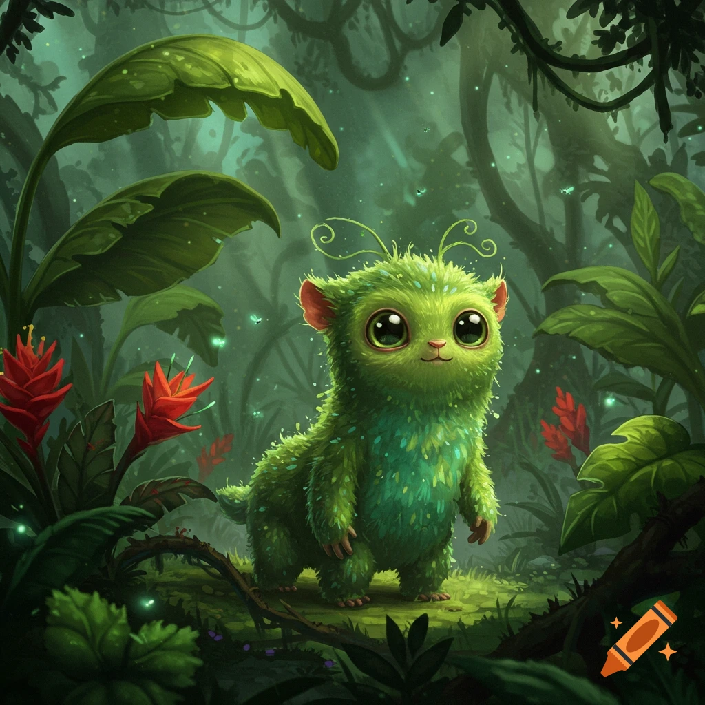 A cute, mossy green fantasy creature with large eyes stands in a lush ...
