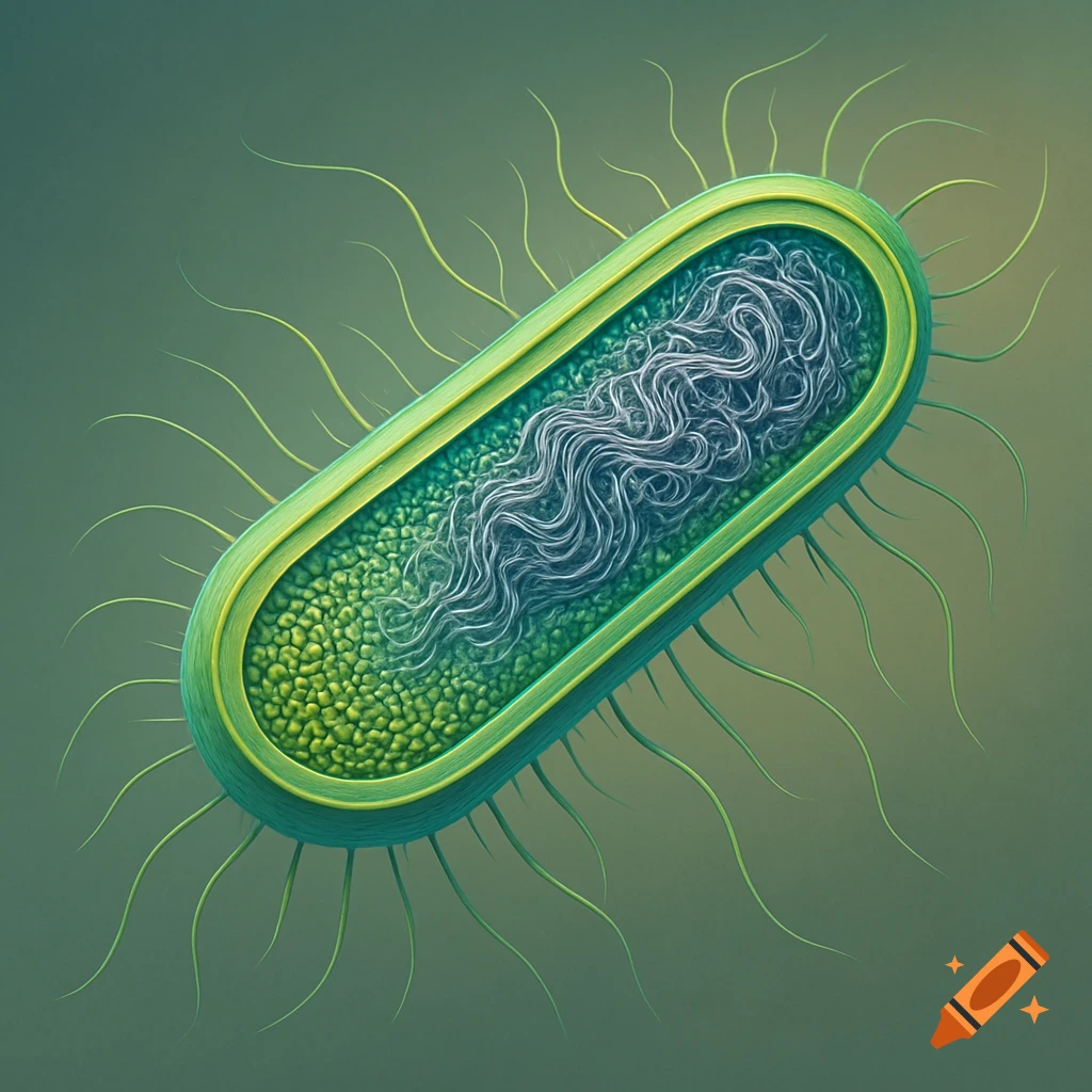 Detailed illustration of a sectioned rod-shaped bacterium with a green ...
