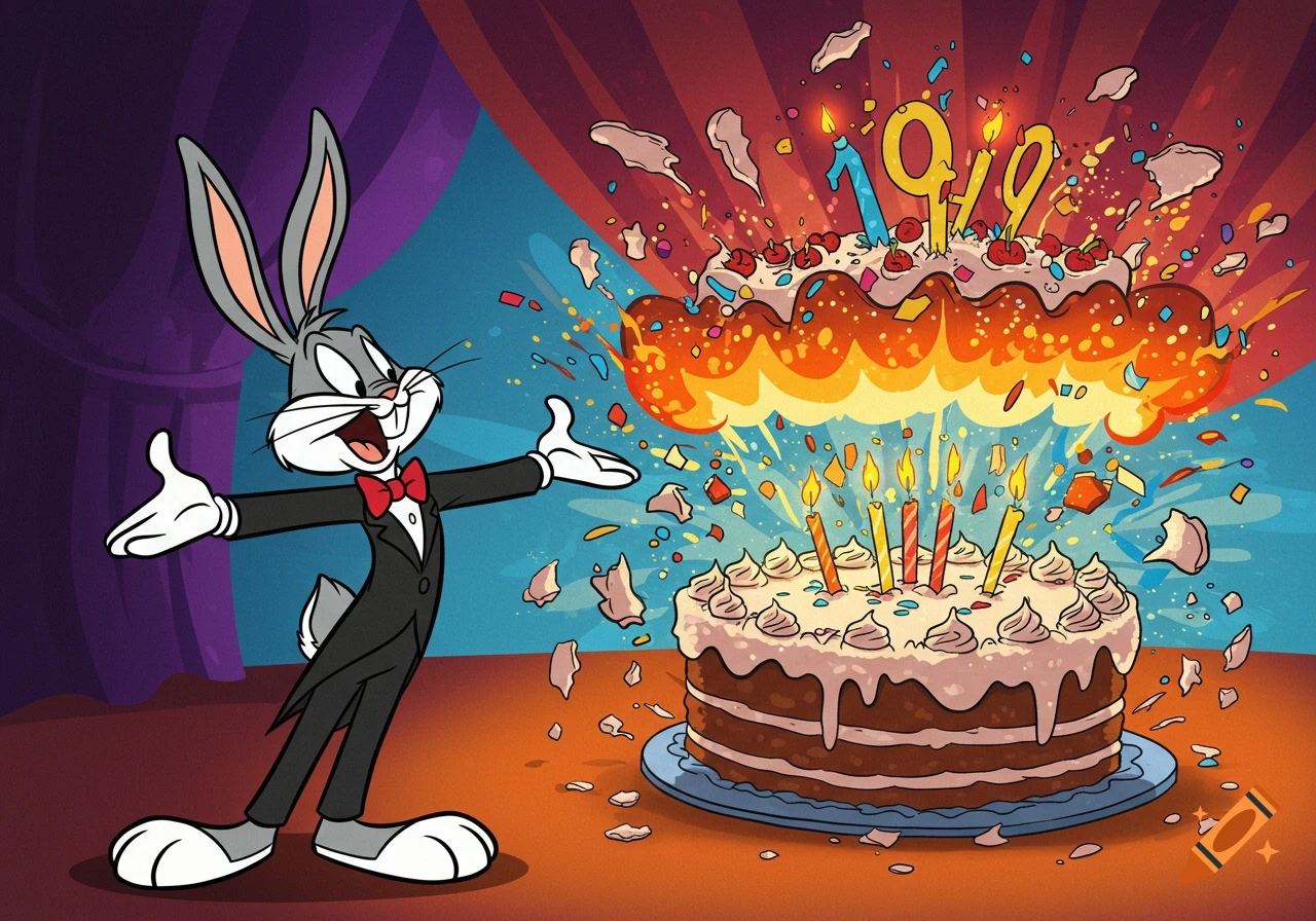 Bugs Bunny in a tuxedo stands beside an exploding birthday cake with ...