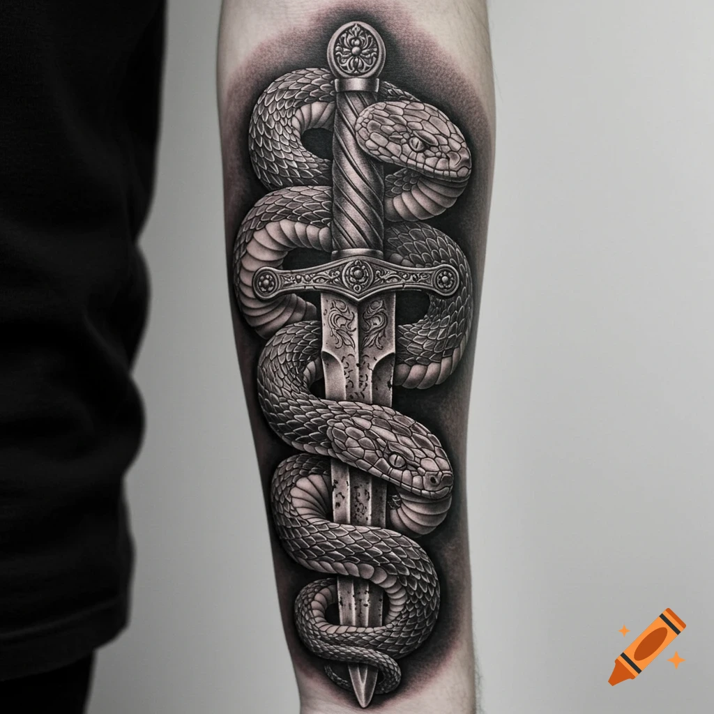 Detailed black and white tattoo of a sword wrapped by two snakes on a ...