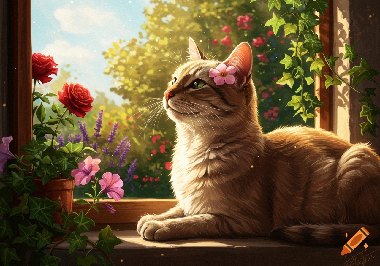 A detailed illustration of a tabby cat with a pink flower behind its ...