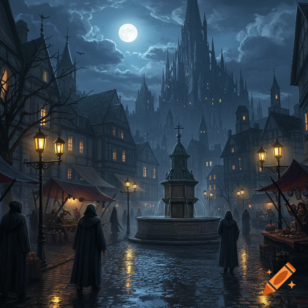 A person stands in a misty courtyard, looking up at a grand gothic ...