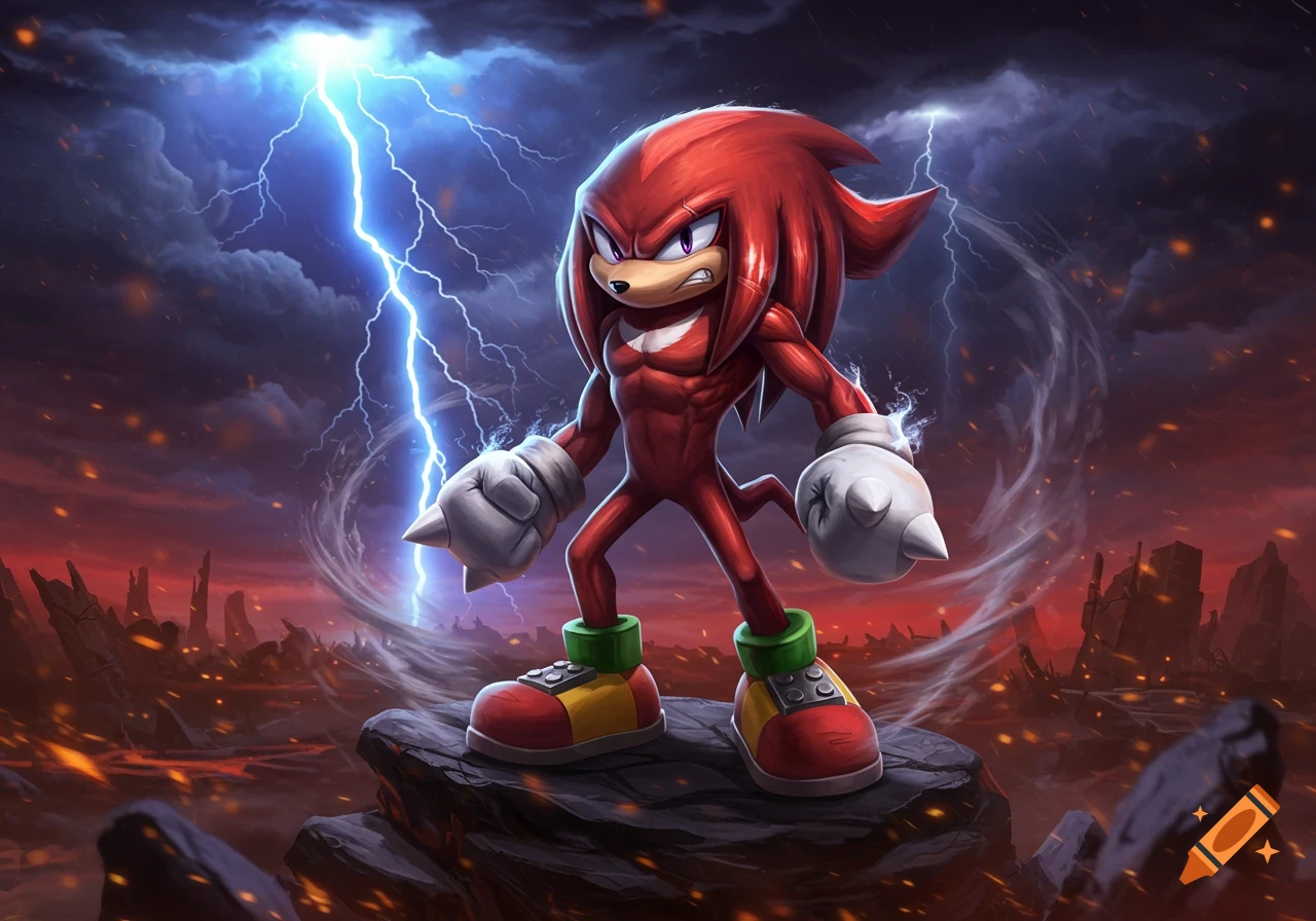 Muscular red echidna, Knuckles, stands on a rock in a stormy, fiery ...