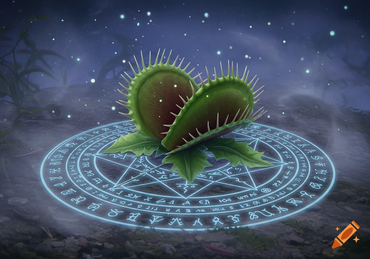A Venus flytrap sits on a glowing blue alchemy symbol, surrounded by sparkling particles in a ...