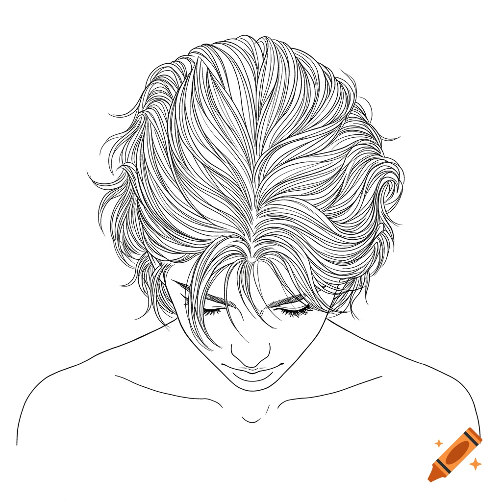 Line art drawing of a person's head and shoulders, looking down with ...