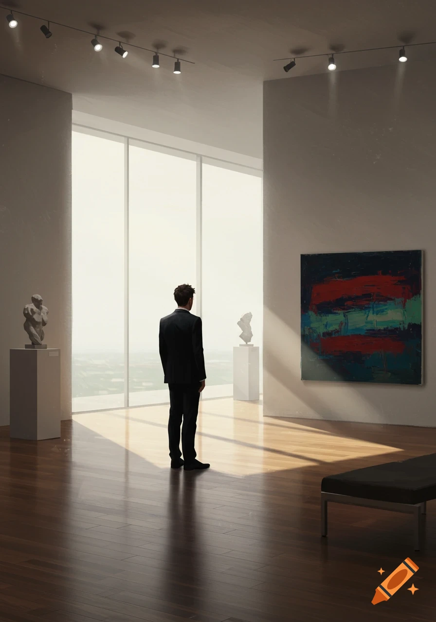 Man in a suit views art in a modern gallery with large windows ...