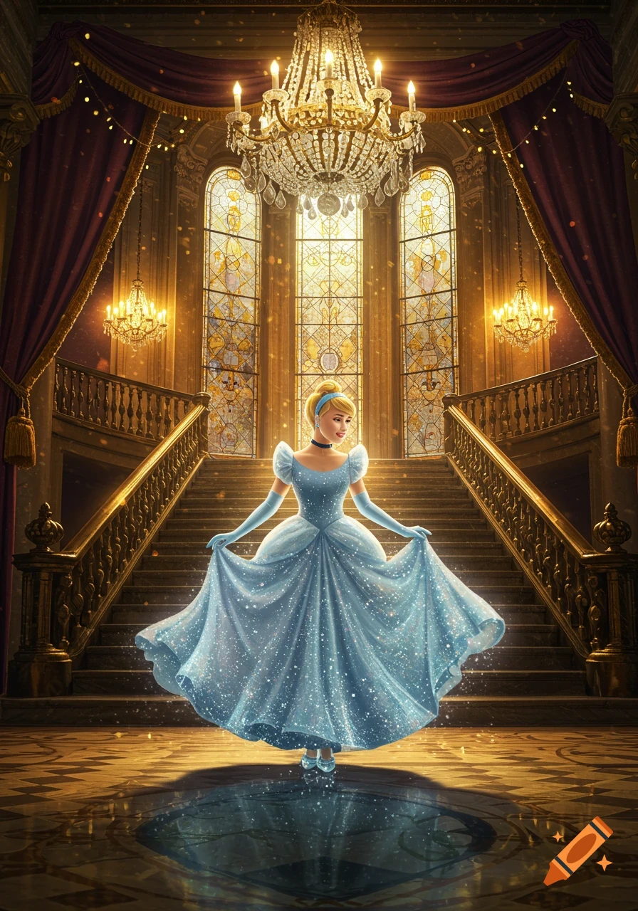Cinderella in a sparkling blue gown stands in a grand ballroom with a ...