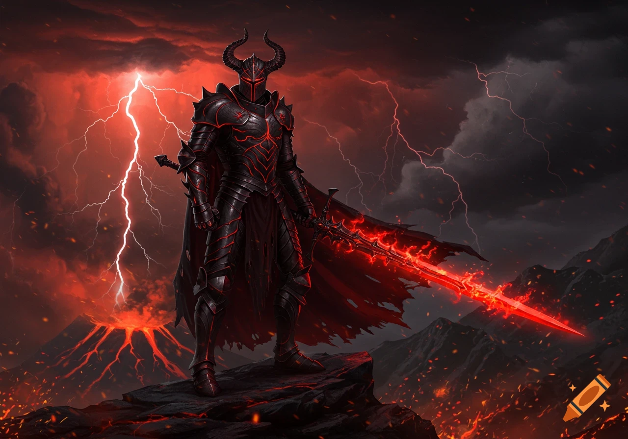 A demonic, glowing red sword with intricate black details stands ...
