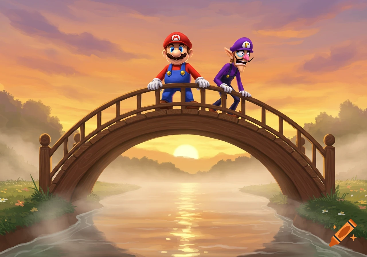 Cartoon of Mario bravely standing on a wooden bridge next to a scared ...