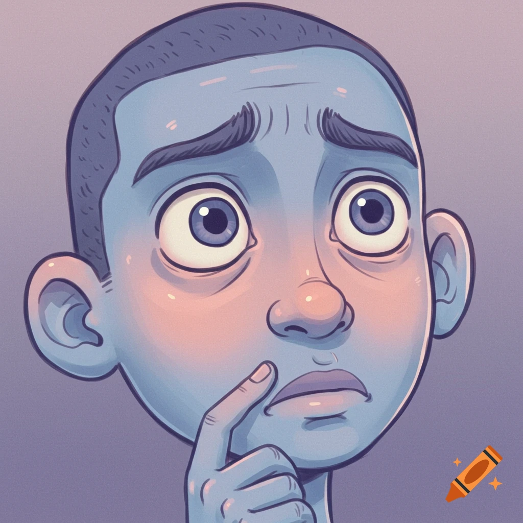 Cartoon portrait of a light blue person with wide eyes and a worried ...