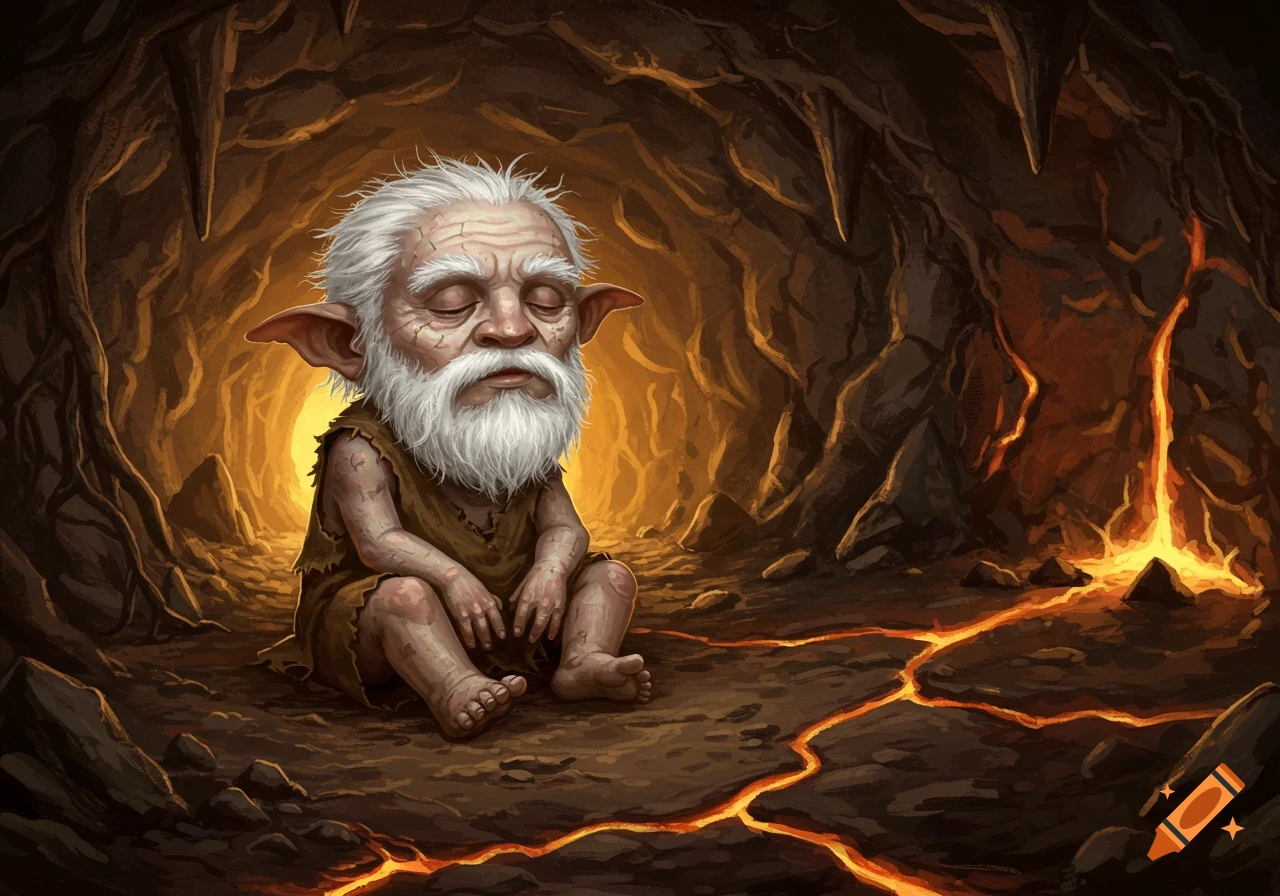 An old, white-bearded mythical humanoid with pointed ears sits serenely ...