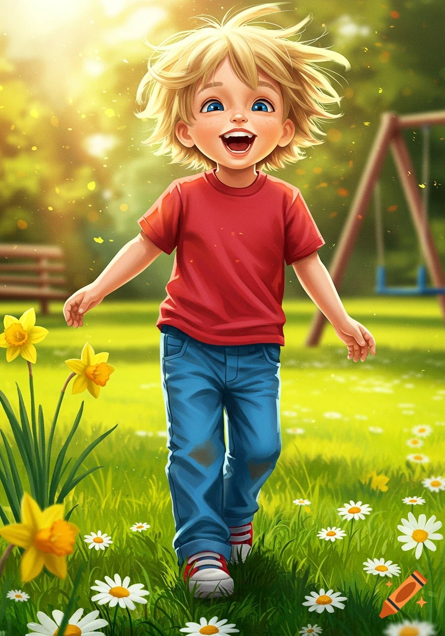 A cartoon illustration of a distressed young boy sitting in the grass ...