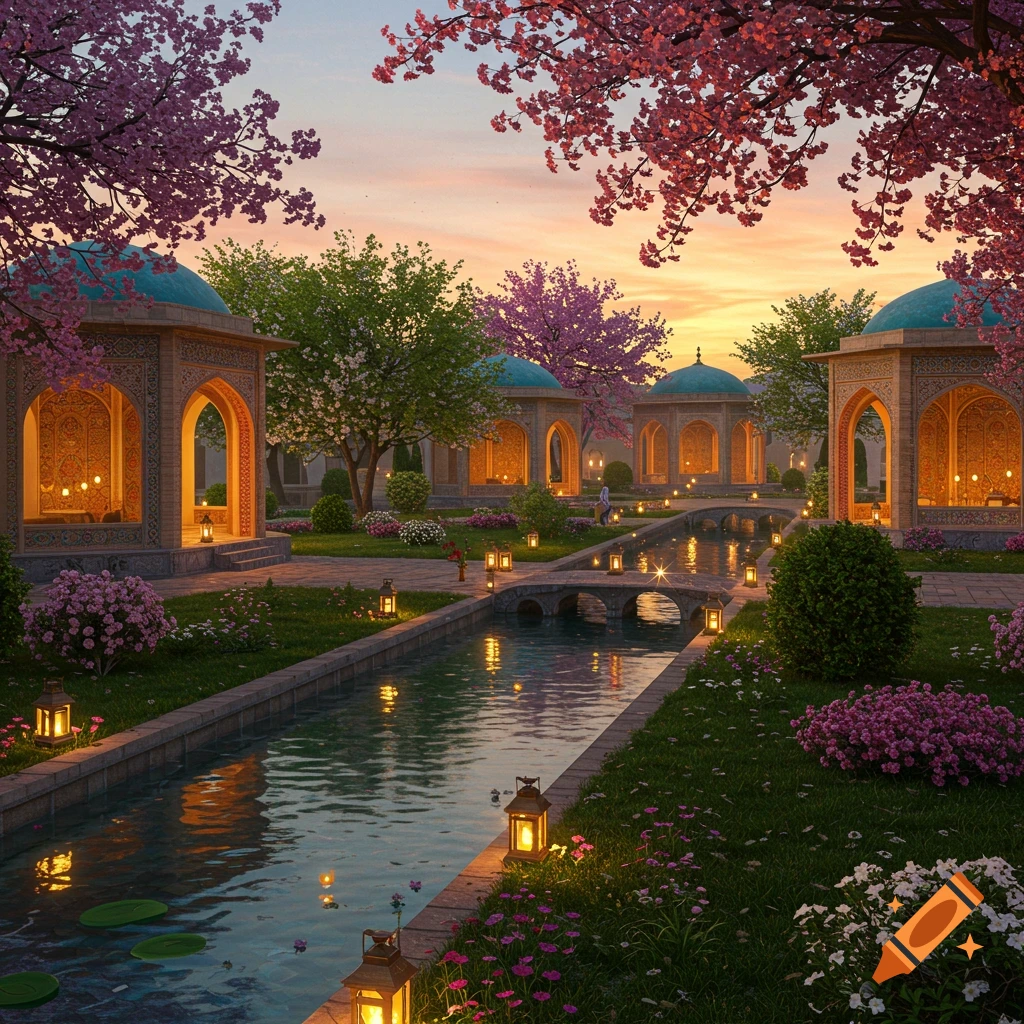 A serene Persian courtyard with intricate tiled architecture, a ...