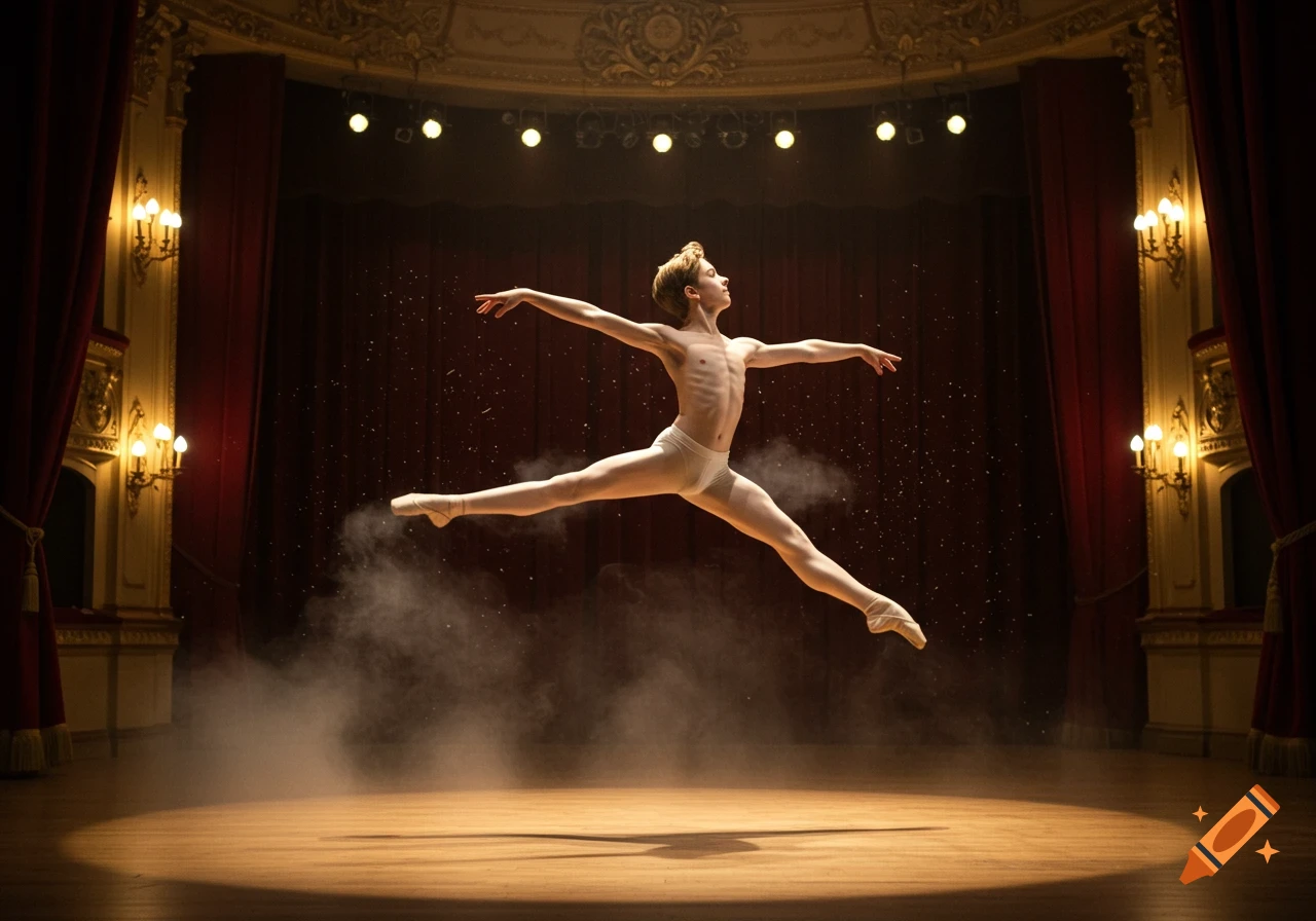 A male dancer in a dynamic pose, wearing flowing red pants, on a stage ...