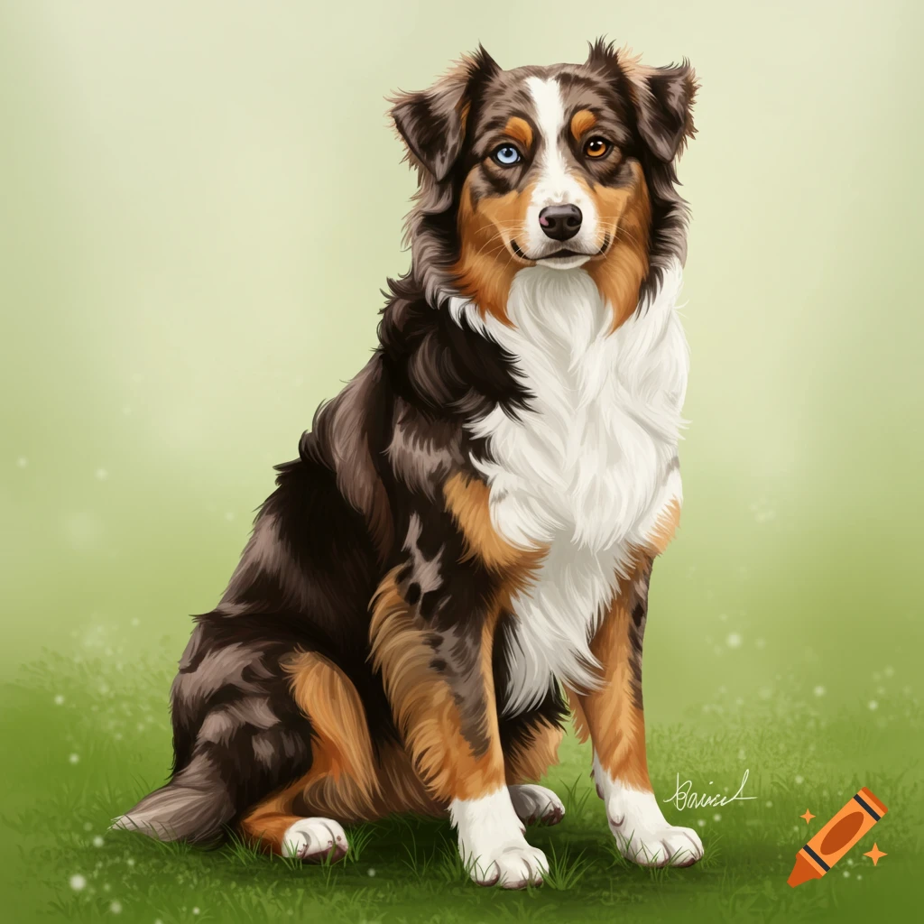 A digital painting of an Australian Shepherd dog with brindle fur and ...
