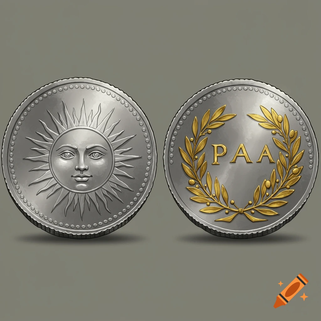 Two silver coins on a gray background, one with a sun face, the other ...