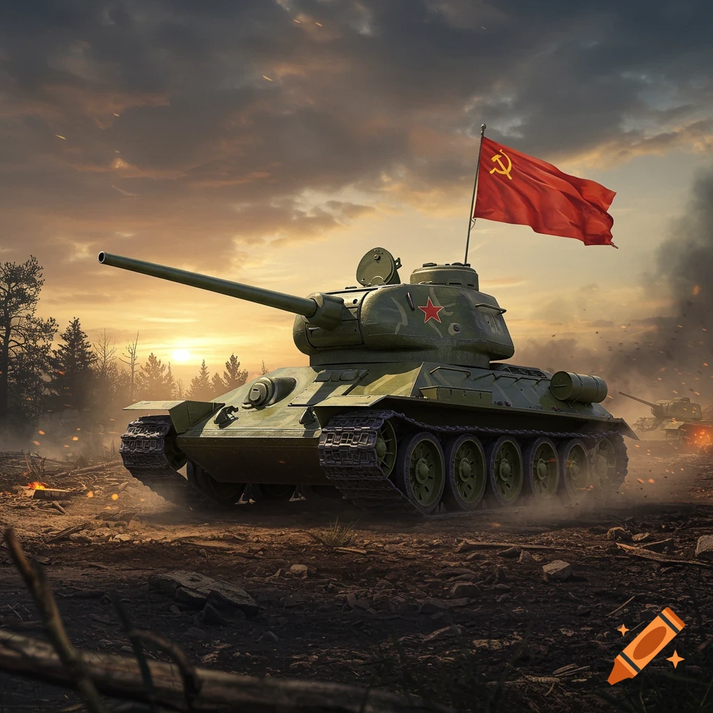 A photorealistic T-34 tank with a red Soviet flag and a red star on its ...