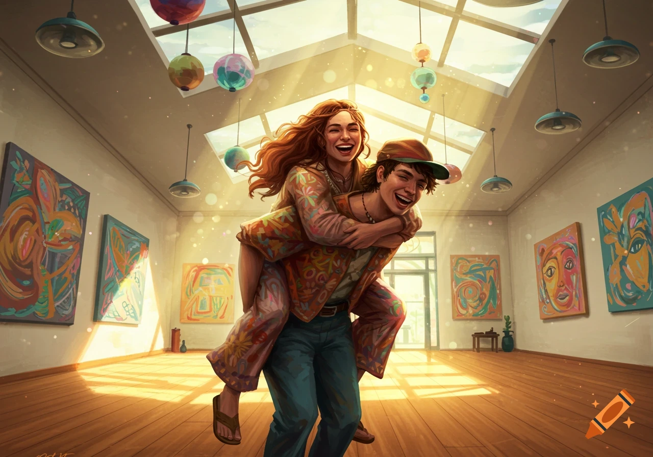 A happy couple piggyback riding through a sunlit art gallery filled ...