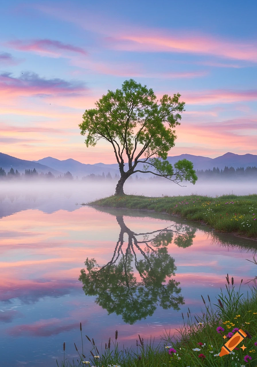 A lone green tree stands on a misty lake's edge, reflecting a vibrant ...