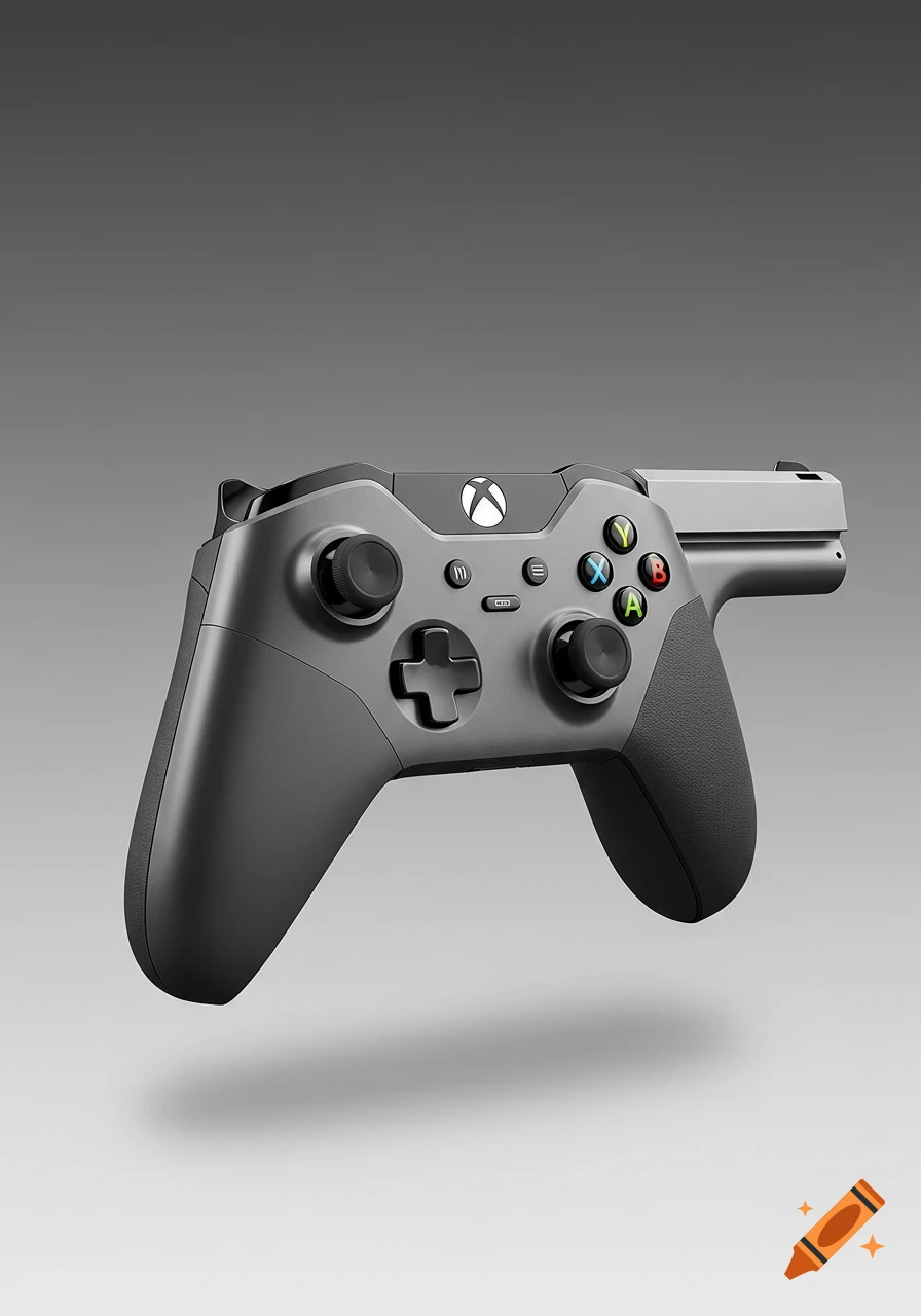 A stylized, minimalistic dark grey Xbox gamepad fused with a pistol ...