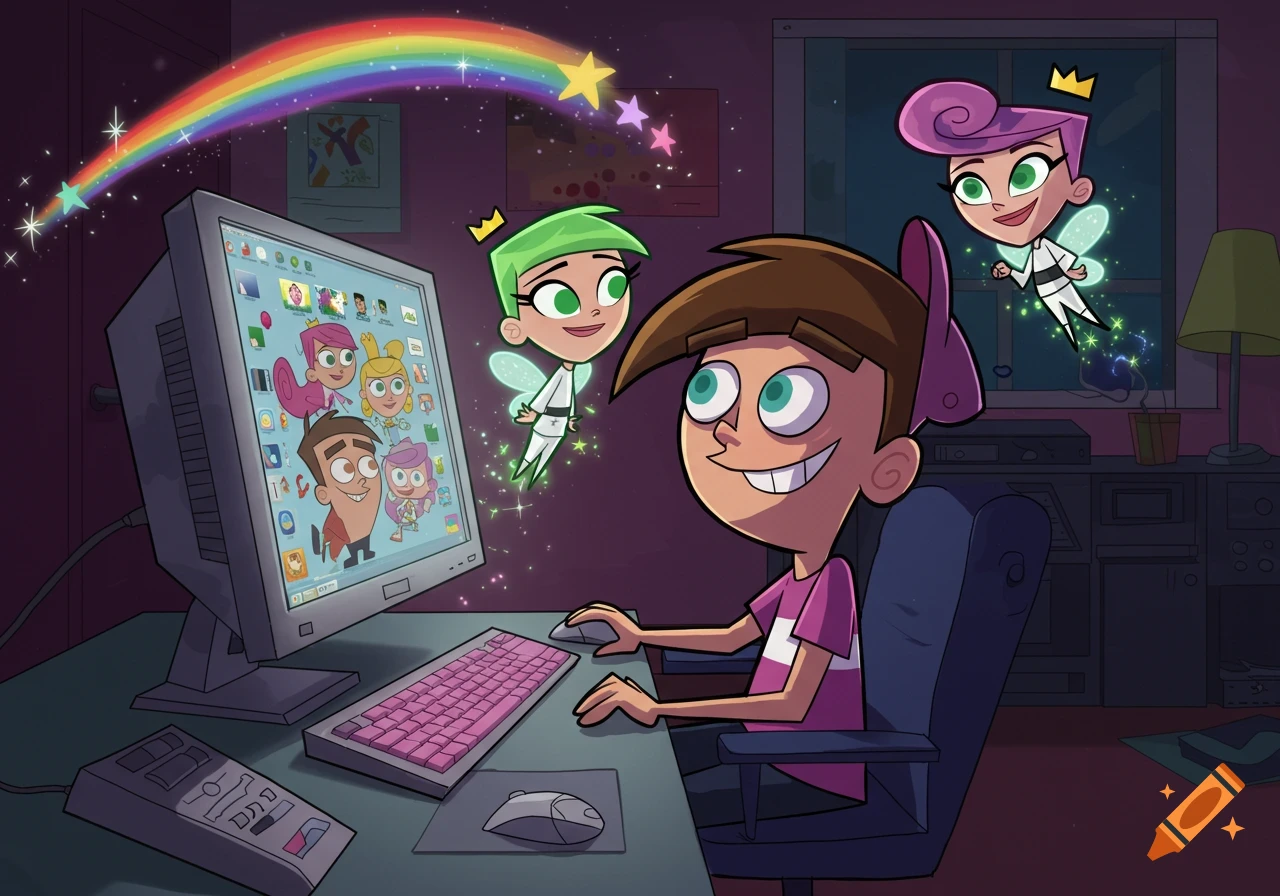 Timmy Turner smiles at a computer, while floating green-haired Cosmo ...