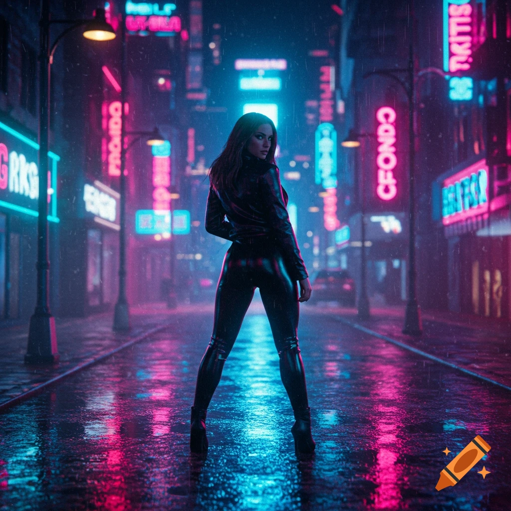 A woman in a black leather jacket and shiny black leggings poses on a ...