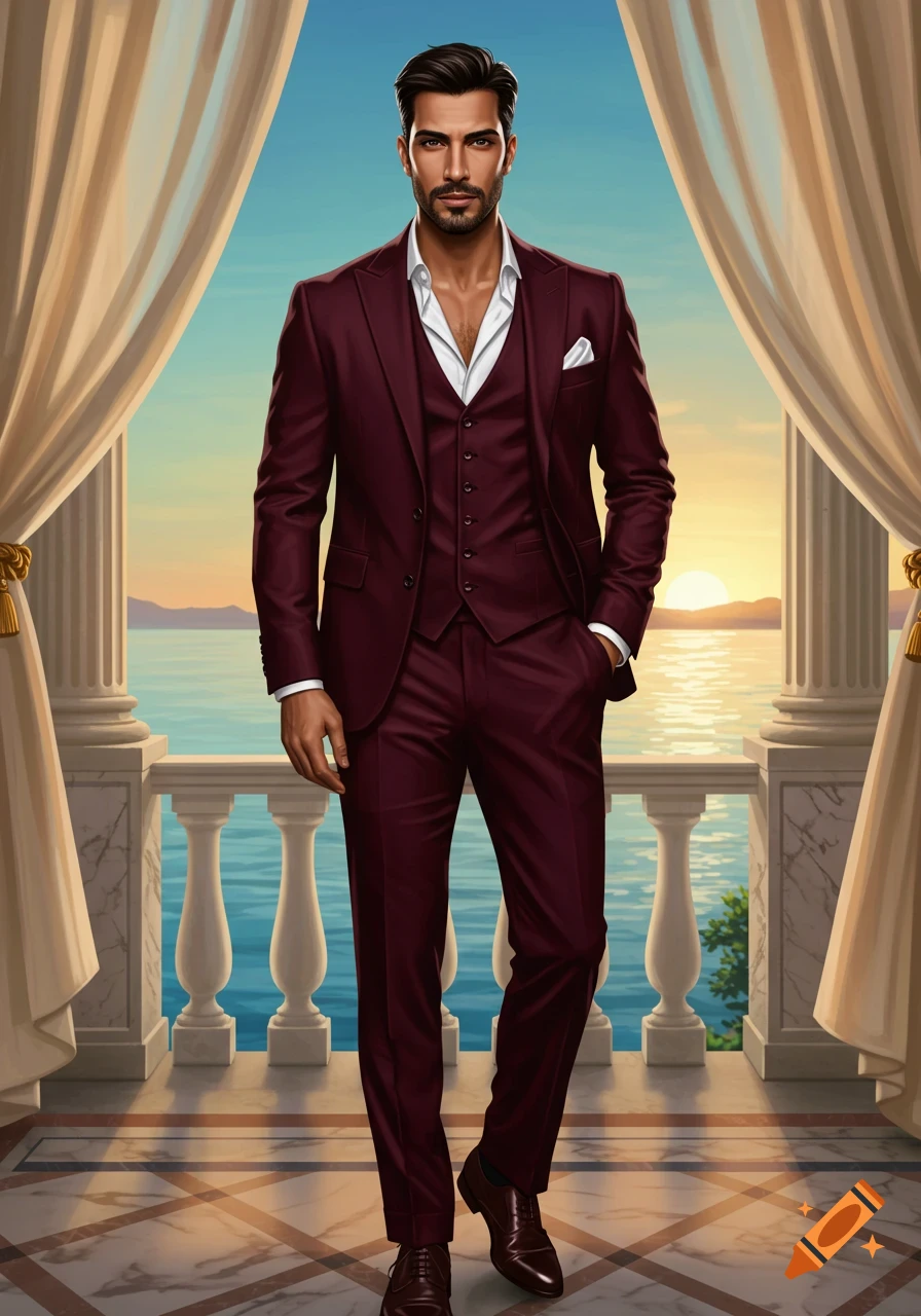 A man in a maroon three-piece suit stands on a marble balcony ...