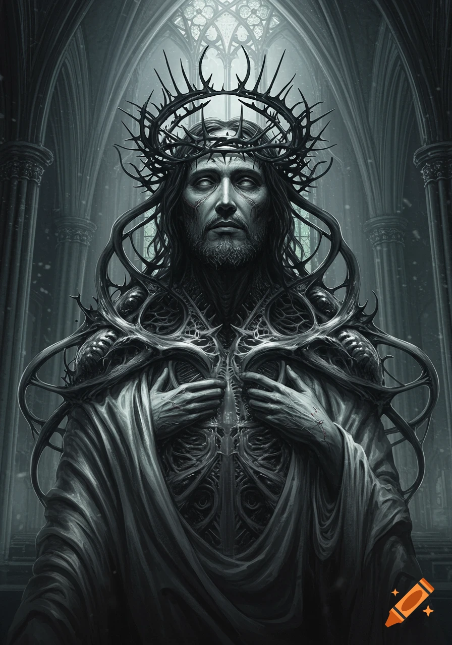 Gothic, biomechanical Jesus Christ with a crown of thorns and organic ...