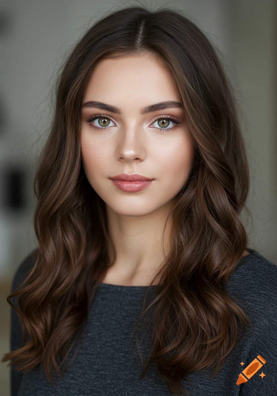 Close-up photorealistic portrait of a young woman with long wavy brown ...