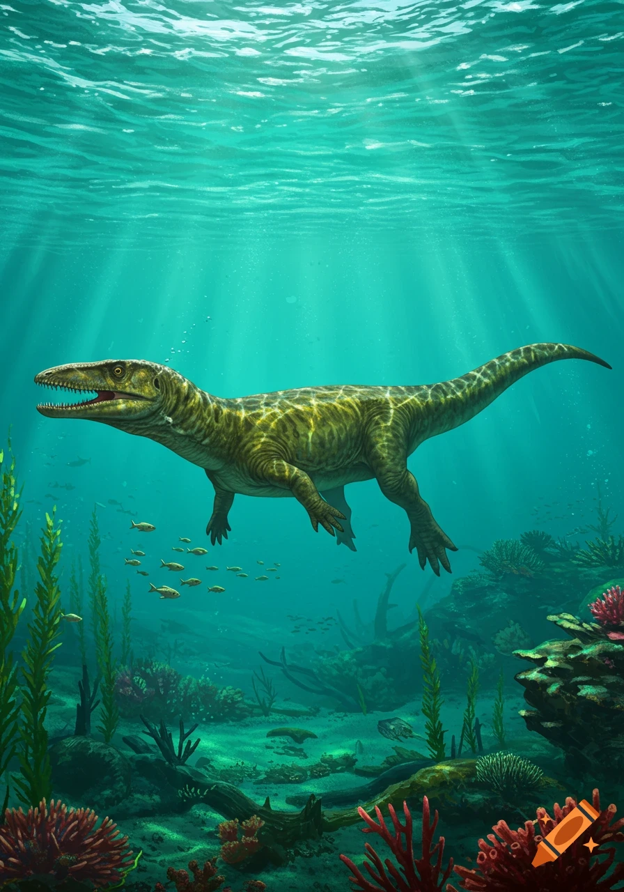 A Nothosaurus swims in clear blue-green ocean water with sunlight ...