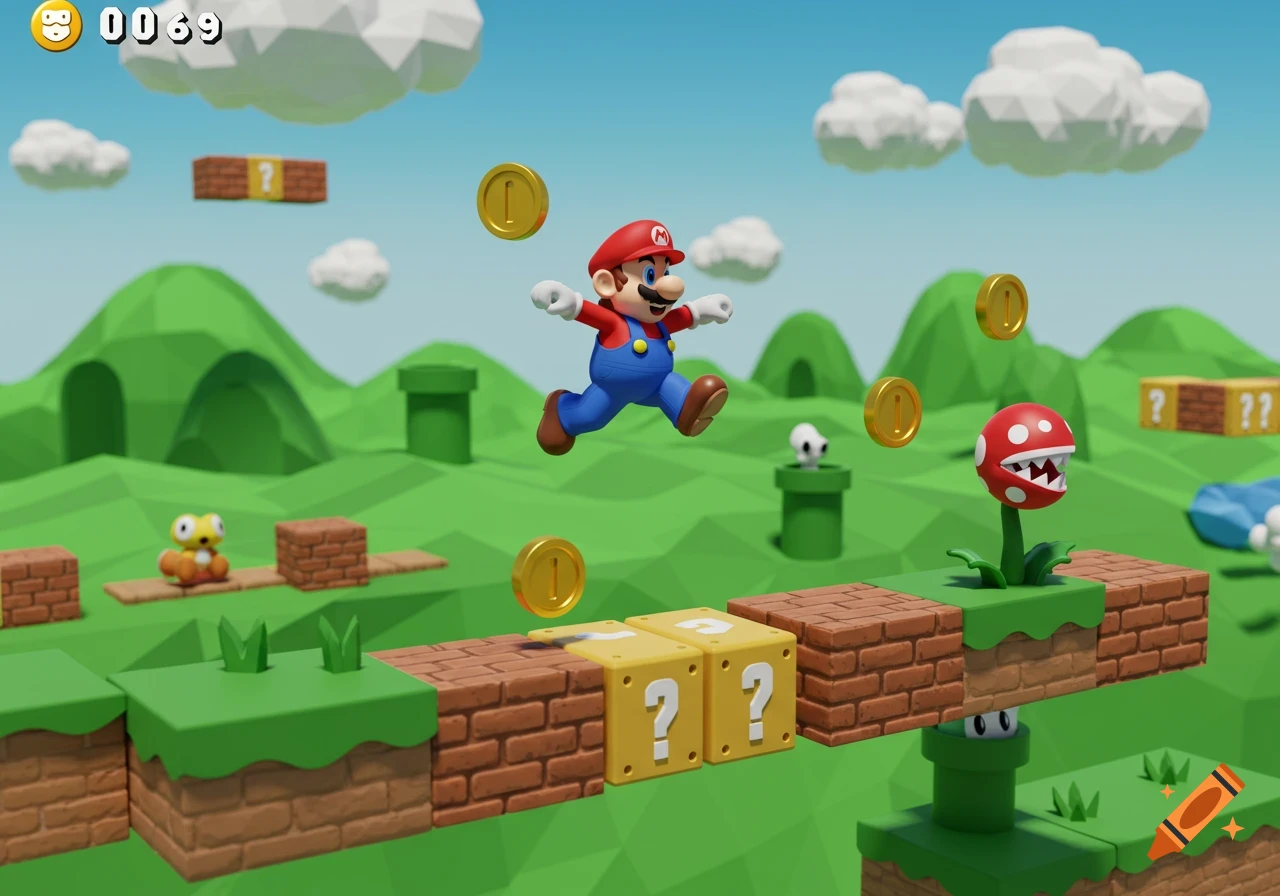 A blue-clad Mario-like character, SMG4, stands in a vibrant Super Mario ...