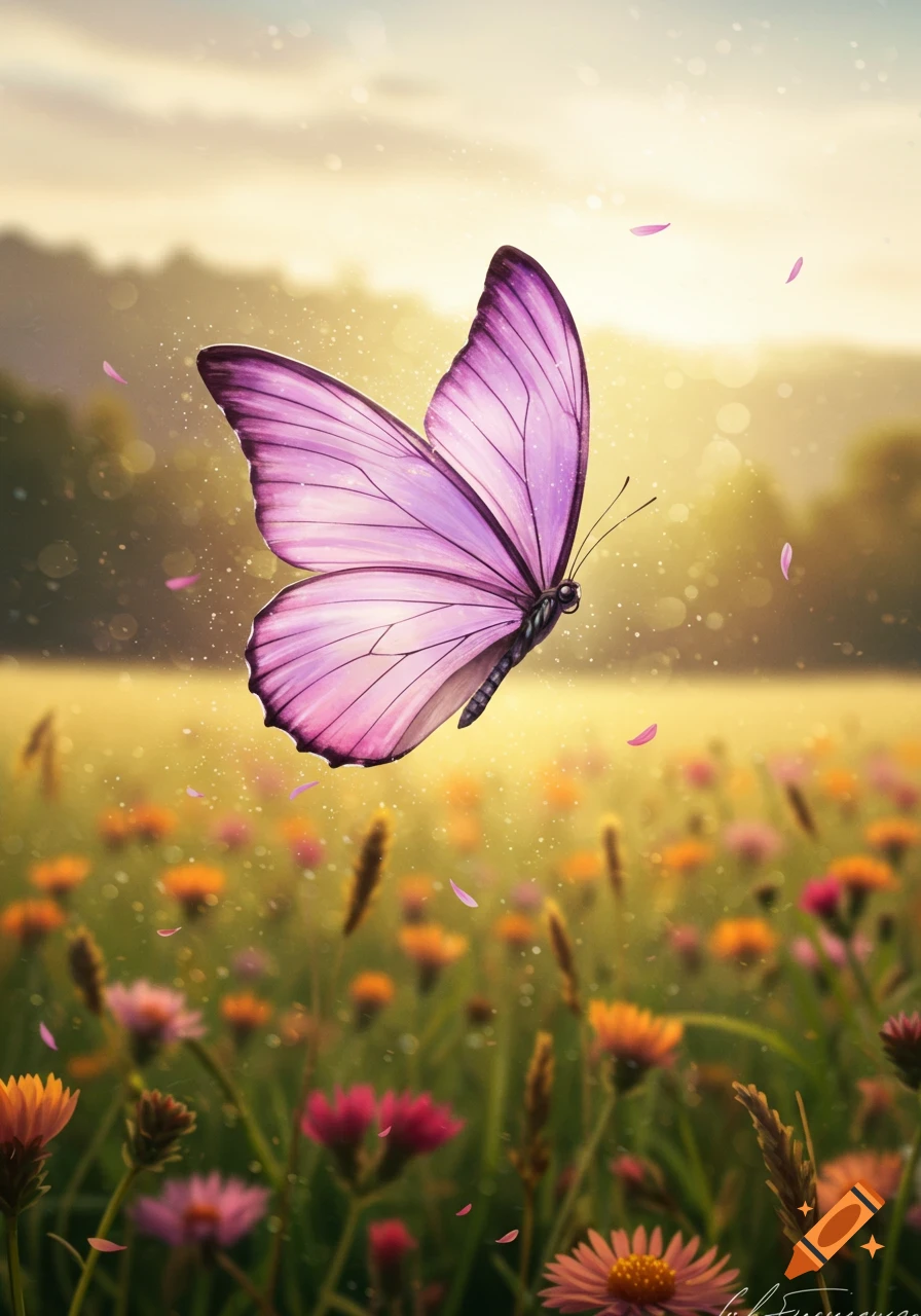 A vibrant purple butterfly with pink accents gracefully flies above a ...