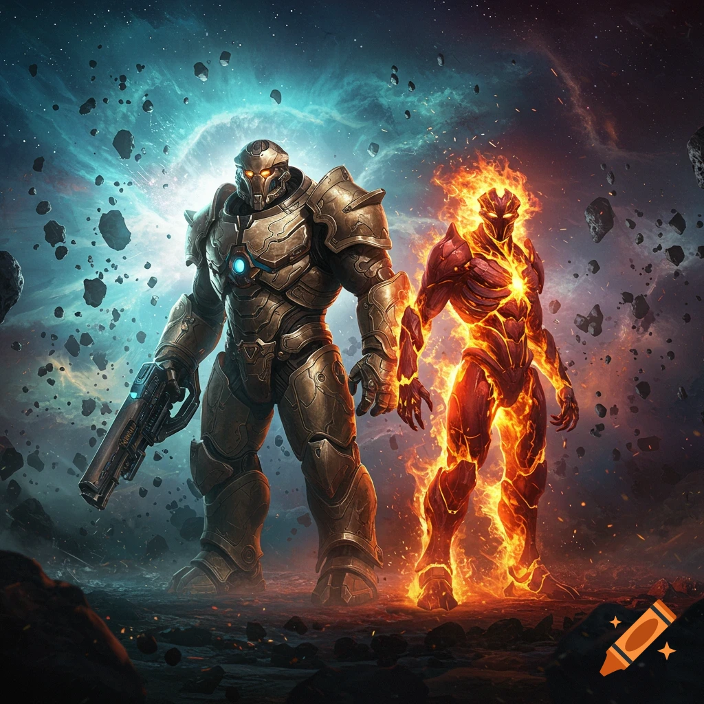 A massive, rusty humanoid robot with glowing blue eyes and sparks ...