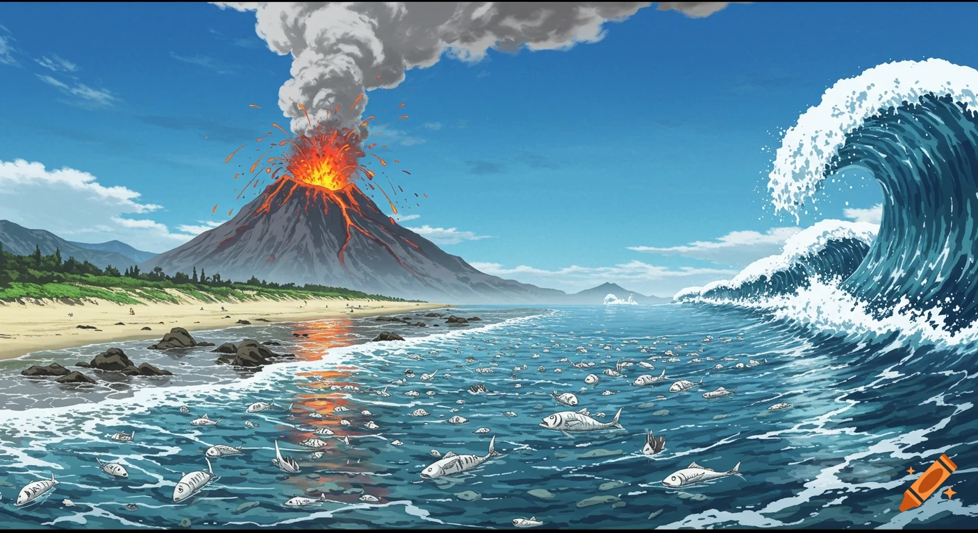 Japanese anime style illustration of a volcanic eruption on a beach ...