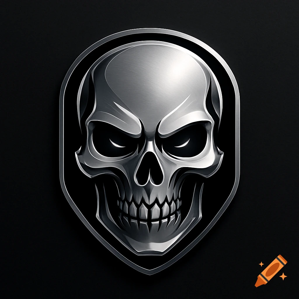 A stylized cracked skull with a sword piercing it, set against a ...