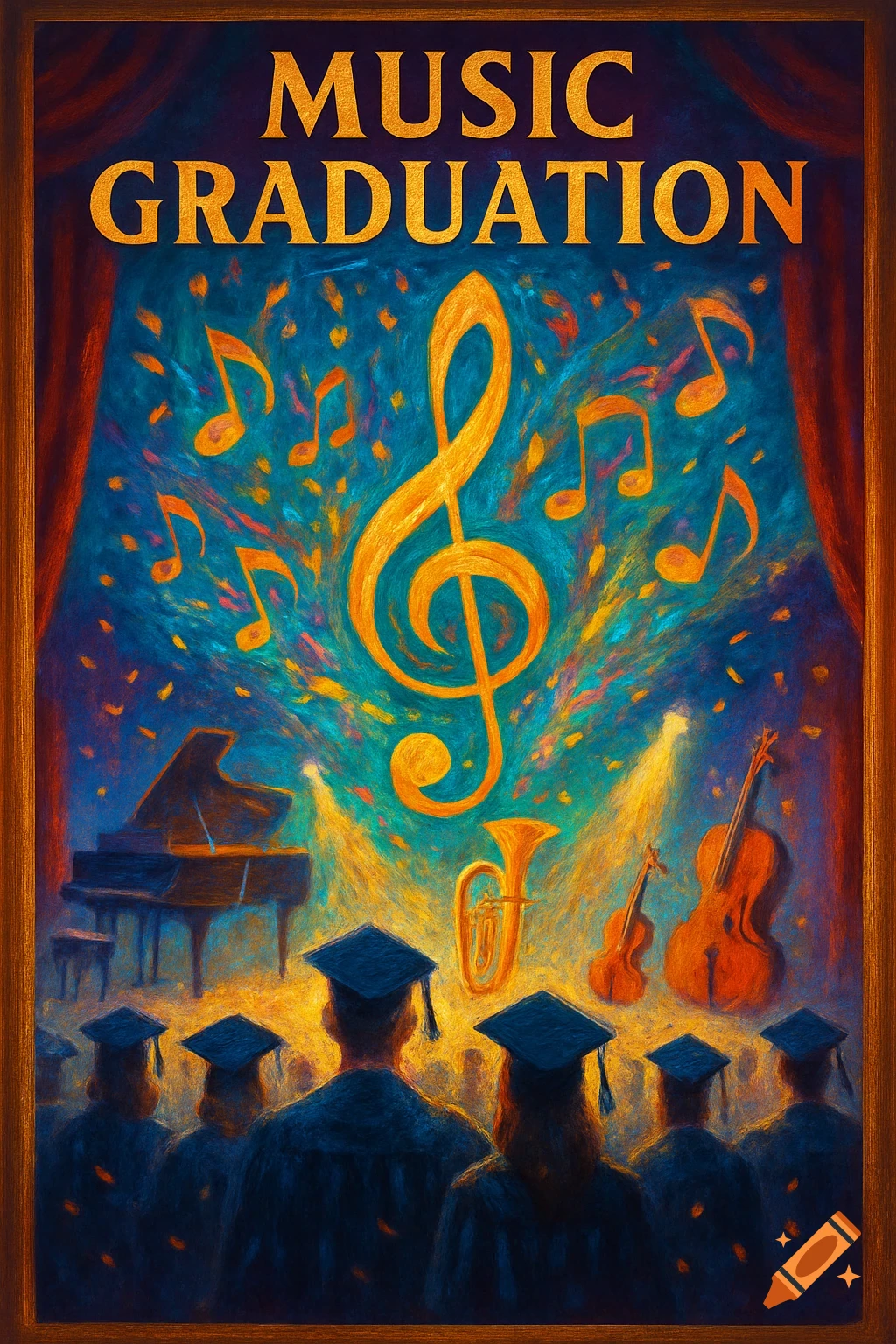 A painterly poster for music graduation, showing students in caps ...