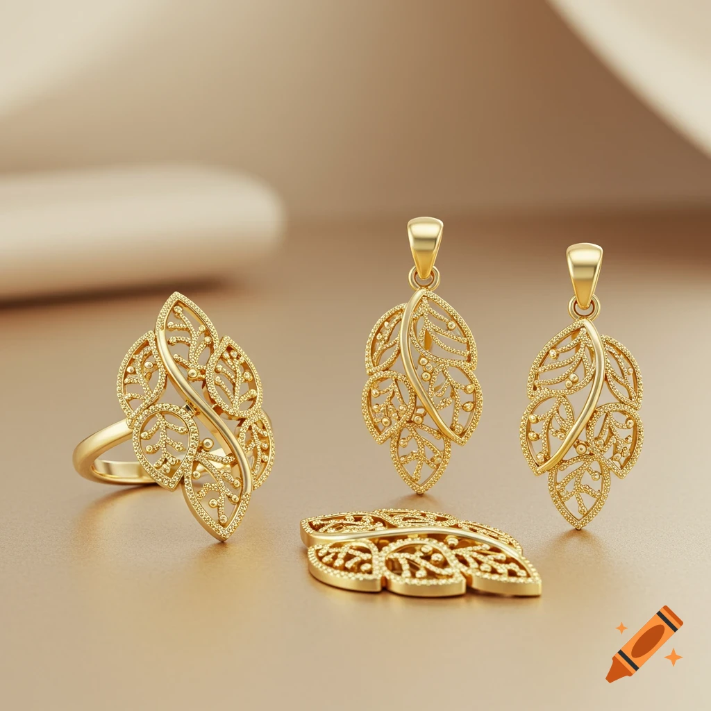 An elegant gold jewelry set with a ring and two pendants, featuring ...