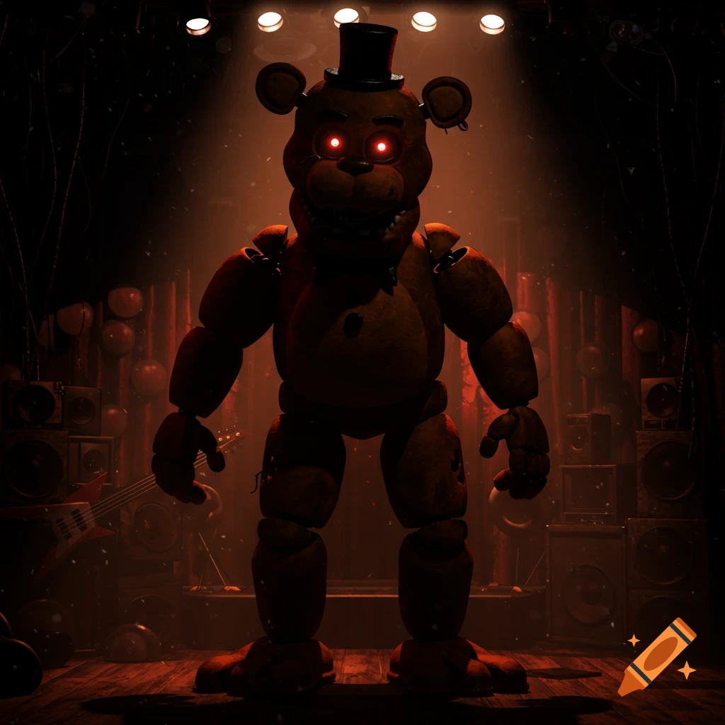 A rusty Freddy Fazbear animatronic with glowing red eyes stands in a ...