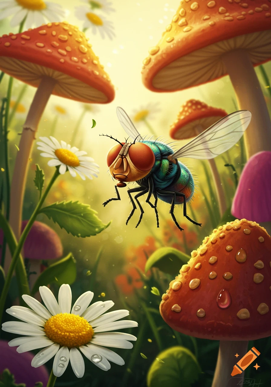 A glowing, cute jellybug with transparent wings floats above a forest ...