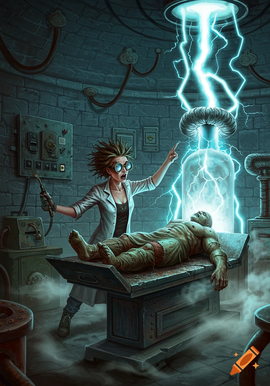 A mad scientist uses electricity to bring a Frankenstein's monster to life in a dark, detailed ...