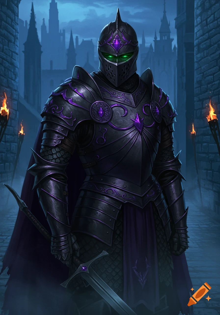 A formidable black and purple armored knight with glowing green eyes ...